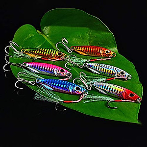 Jigging Lures Fishing, 30g Slow Jig Baits, Offshore Micro Jigs for Tuna King Sna Grouper Bass, Metal Jig with Treble Hook and Assist Hooks 7Pieces/6Pieces