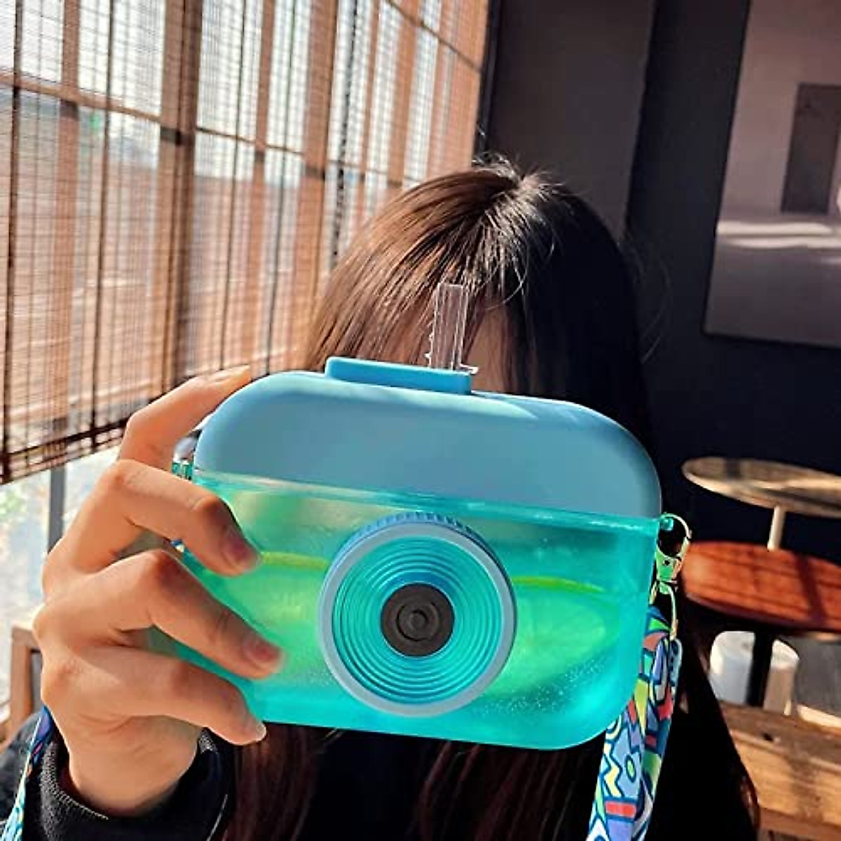 ORIJOYNA 13 oz Cute Water Bottle with Straw - Camera Shape Water Cup with Adjustable Shoulder Straps - Ideal Kawaii Gift for School (Blue)