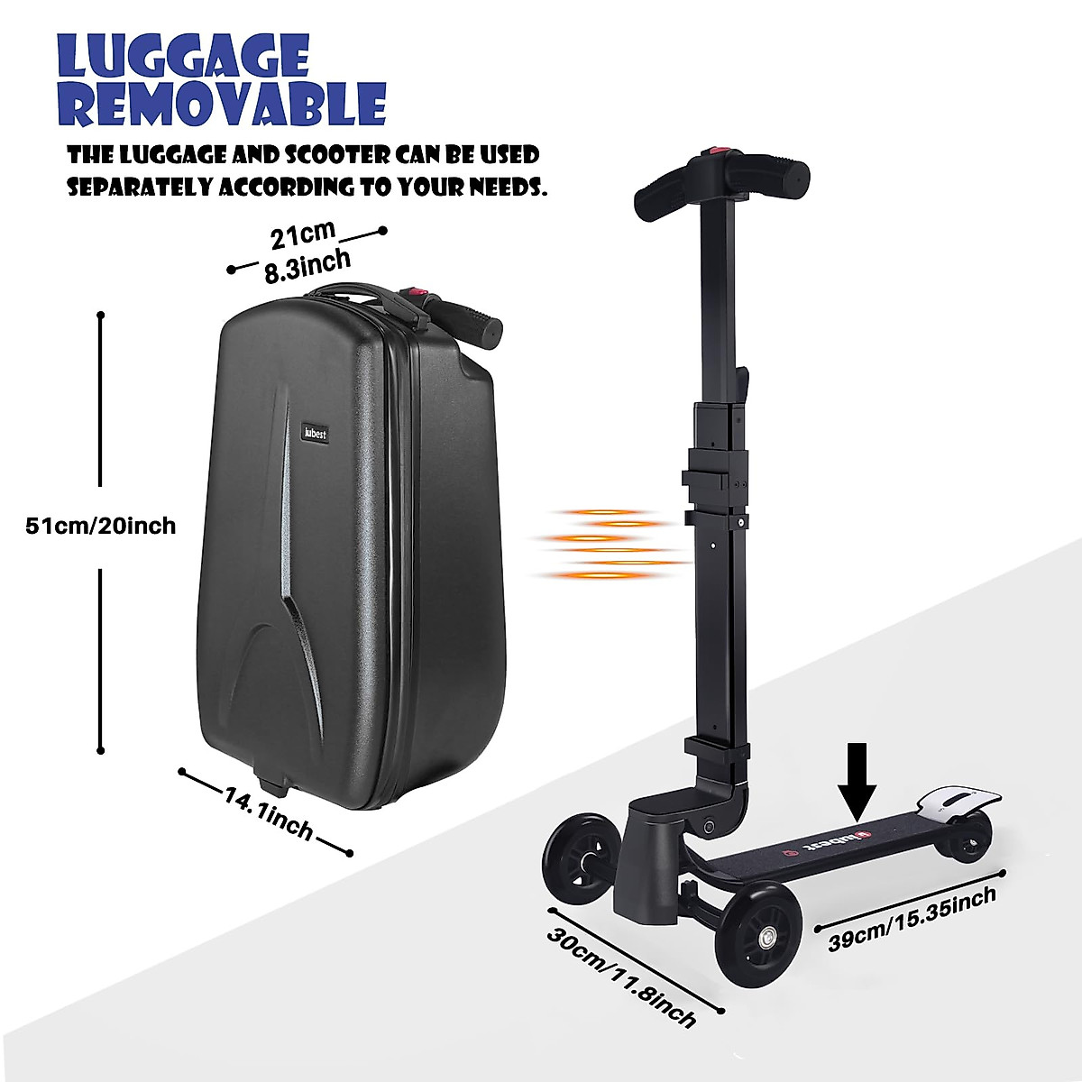 iubest Scooter Luggage Carry On Scooter Suitcase for Kids Age 4-15, Detachable & Foldable 4 in 1 Kids Suitcase, Multifunctional Ride On Travel Trolley Scooter Combo-Black