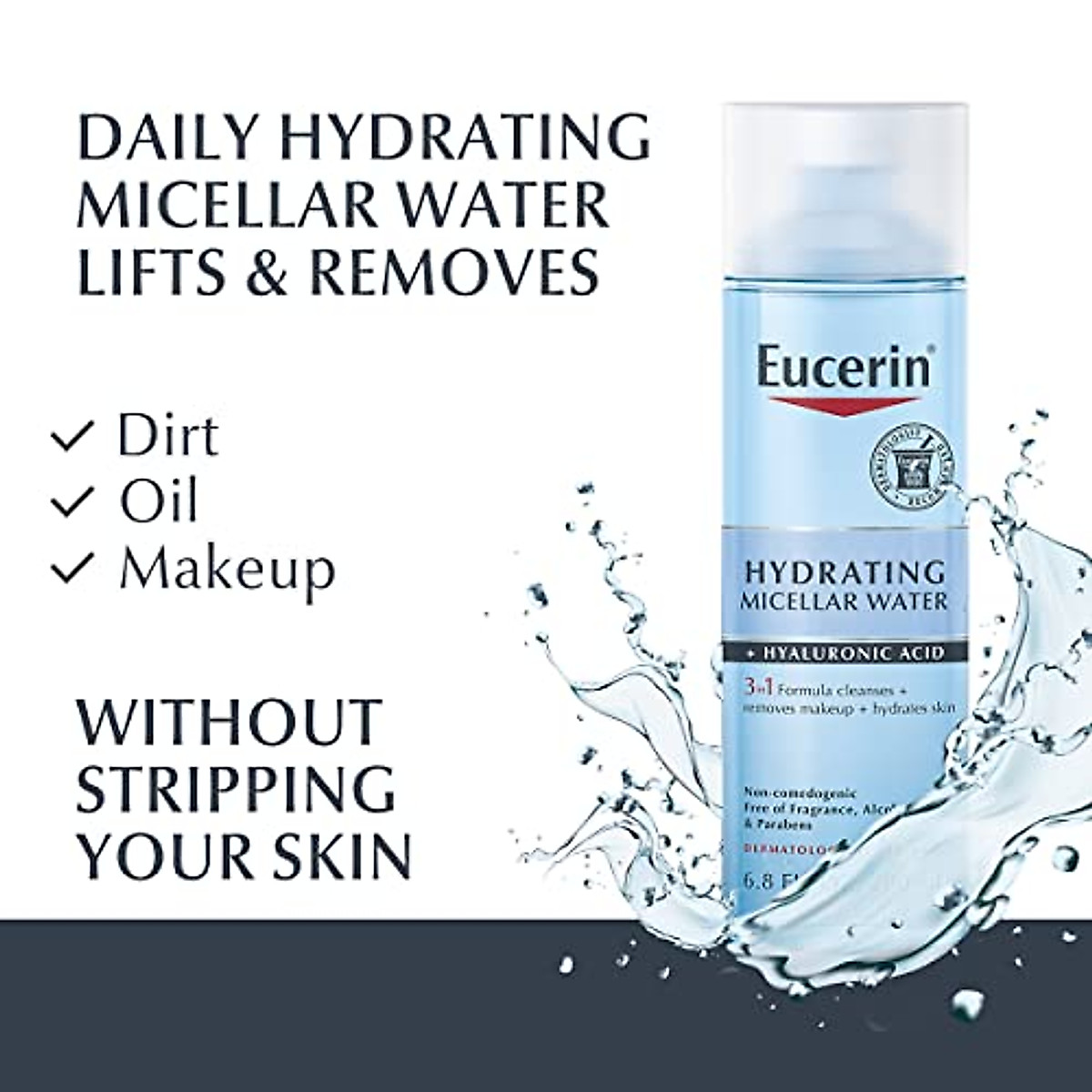 Eucerin Hydrating 3-in-1 Micellar Water, Formulated with Hyaluronic Acid, 6.8 Fl Oz Bottle