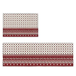 MUENINELE Kitchen Floor Rugs, Merry Christmas Snowflake Xmas Tree Geometric Pattern Red Non-Slip Runner Mats Runner Rugs for Laundry, Bedrooms, Sink, Office, 2 PCS Set