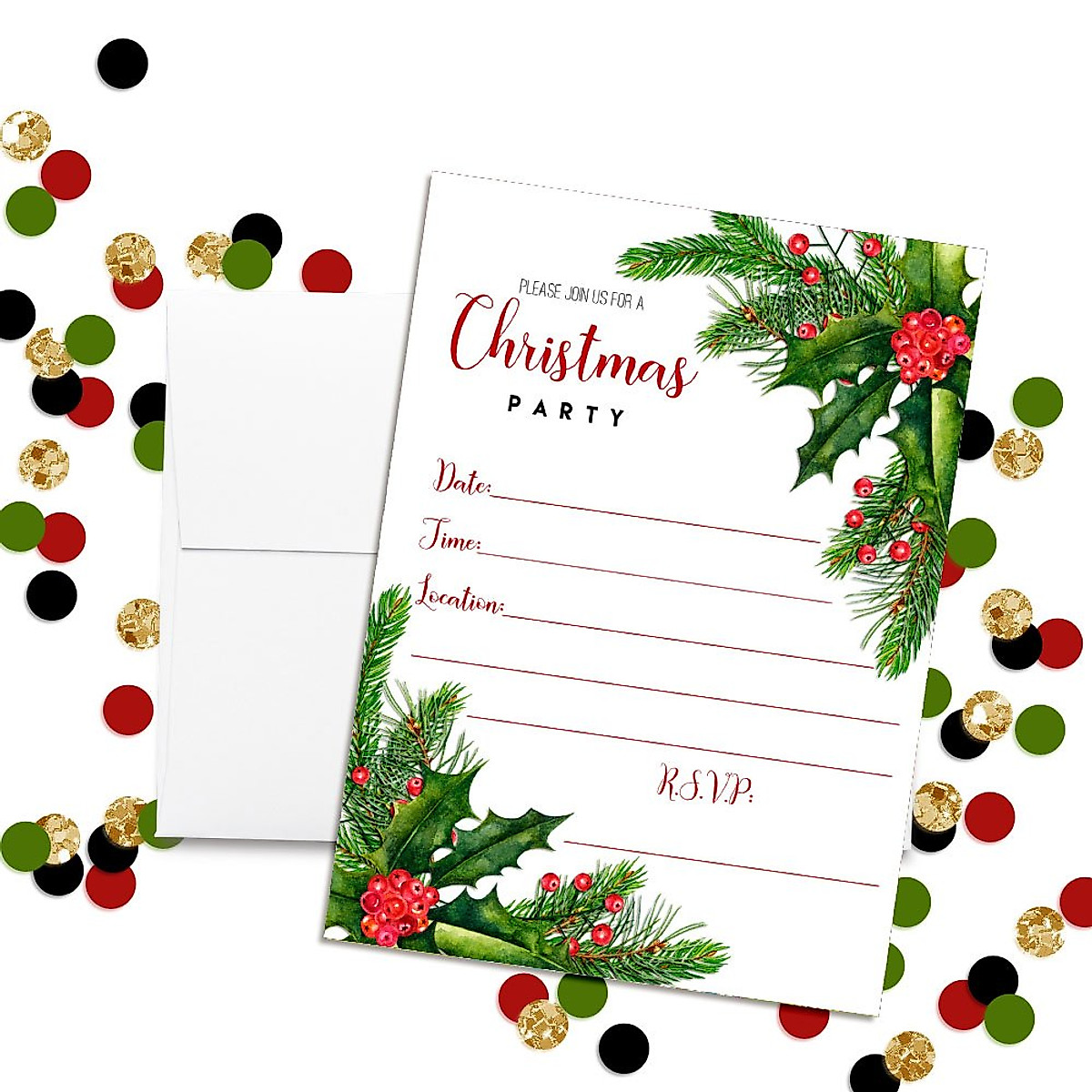 Watercolor Holly and Pine Christmas Holiday Party Invitations, 20 5"x7" Fill In Cards with Twenty White Envelopes by AmandaCreation