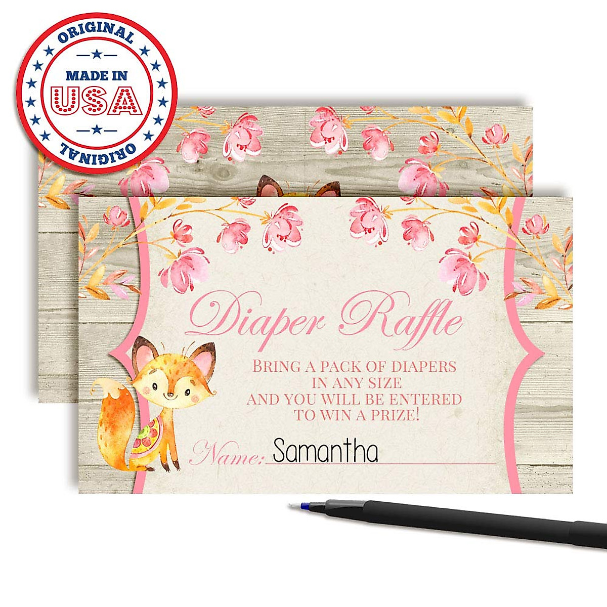 Amanda Creation Watercolor Floral Woodland Fox-Themed Diaper Raffle Tickets for Girl Baby Showers, 20 2" X 3” Double Sided Inserts, Bring a Pack of Diapers to Win Favors & Prizes!