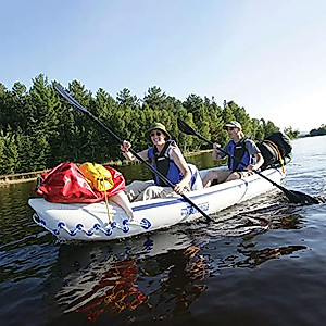 Sea Eagle SE370SK_P 3 Person Blow Up Inflatable Lightweight Rugged Portable Sport Tandem Kayak Canoe Including Back Seats and Bag, White/Blue