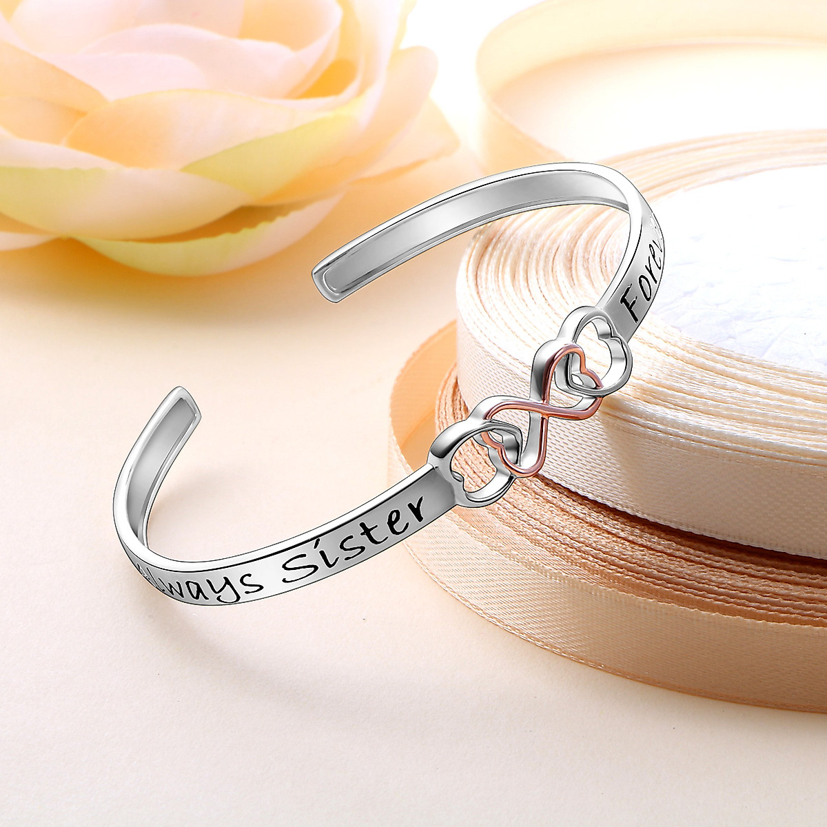 Two Tone 925 Sterling Silver "Always Sister Forever Friend" Infinity Love Bracelet 7 Inch, Friendship Gift for Women BFF Birthday Gift