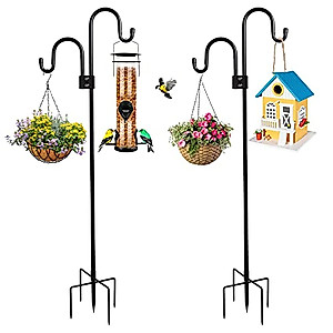Whonline Double Shepherds Hooks for Outdoor 76 Inches (2 Pack), Bird Feeder Pole Heavy Duty with 5-Prong Base, Two Sided Garden Pole for Hanging Plant Baskets, Solar Lights, Weddings Decor