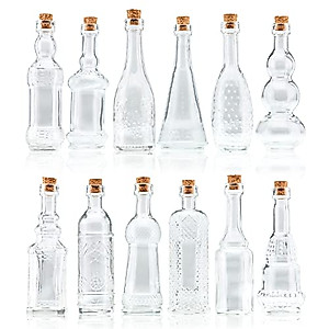 BULK PARADISE Small Mini Clear Vintage Glass Bottles with Corks, Mini Vases, Decorative, Potion, Assorted Design Set of 12 pcs, 4.6 Inch Tall (11.43cm), 1.4 Inch Wide (3.56cm)