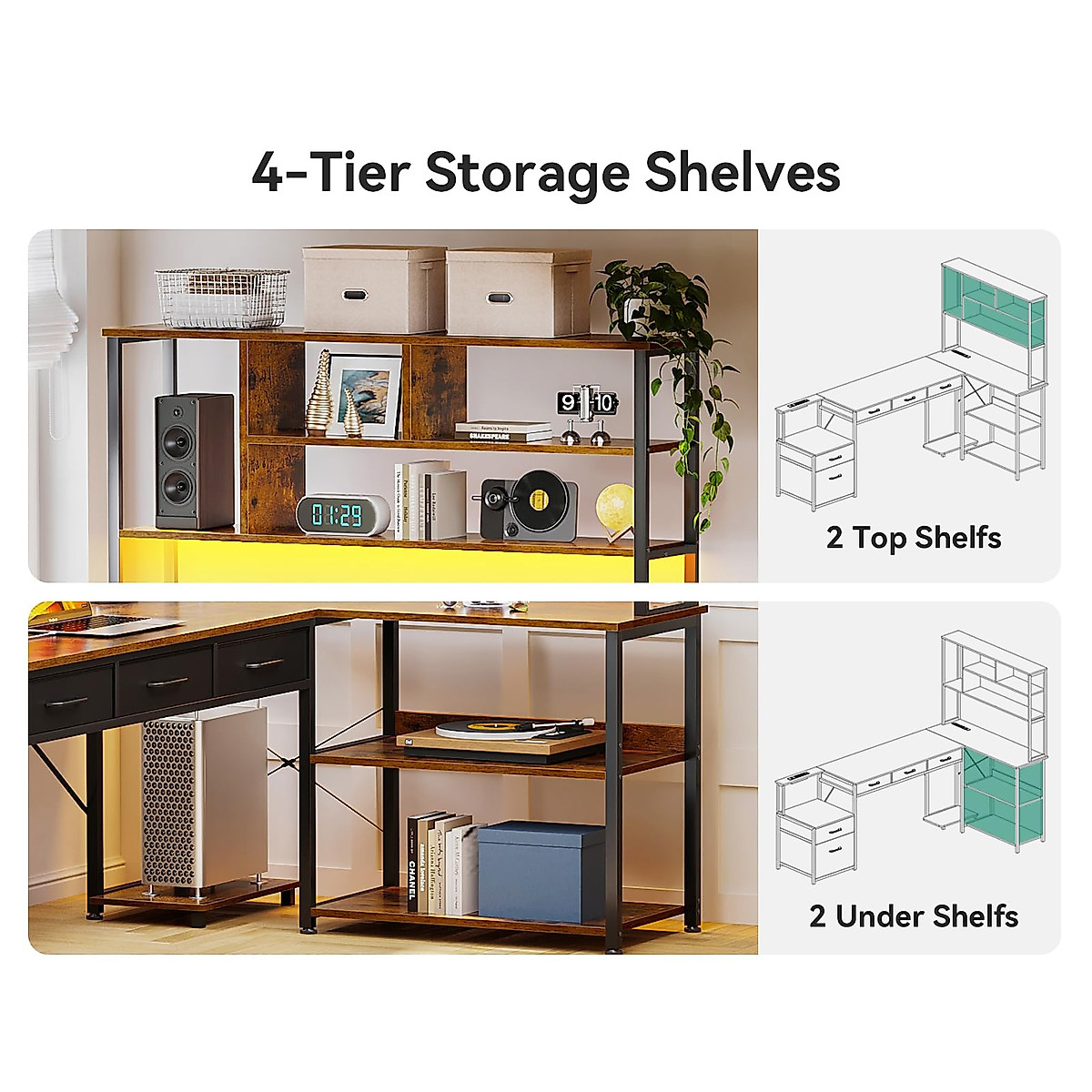 AODK 79 inch L Shaped Desk with File Drawers, Reversible L Shaped Gaming Desk with Power Outlets & LED Lights, Computer Desk with Storage Shelves for Home Office, Vintage