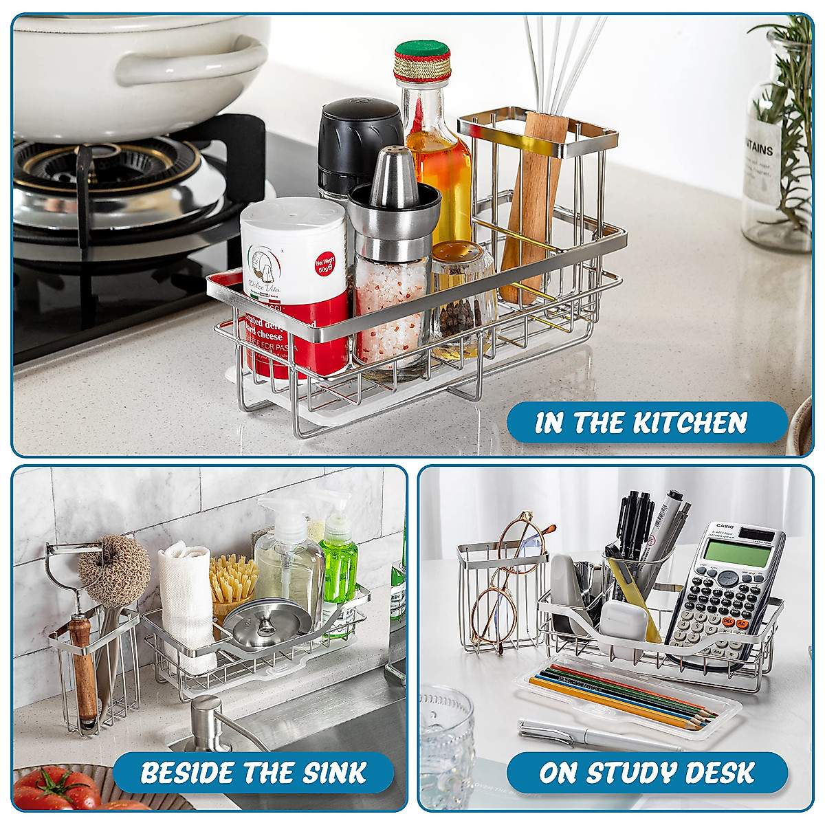 COCOBOSS Sink Caddy Kitchen Sink Organizer, Sponge Holder for Kitchen Sink Premium Stainless Steel Rustproof with Removable Drip Tray and Anti-Slip Bar - Silver(8.5 x 3.6 x 4.9 in)