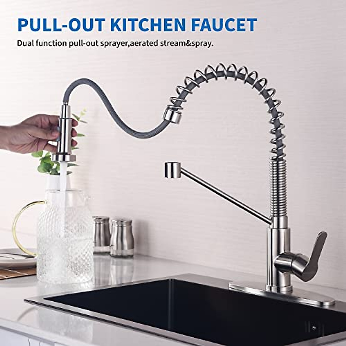 Kitchen Sink Faucets, GUSITE Spring Stainless Steel Single Handle Kitchen Faucets with Pull Down Sprayer, 1 or 3 Holes (Brushed Nickel)