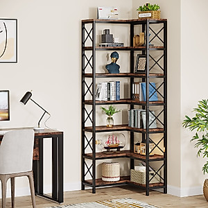 LITTLE TREE 7-Shelf Corner Bookshelf Modern Corner Bookcase Corner Shelf for Living Room Home Office, Rustic Brown