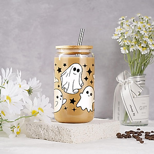 Coolife Ghost Halloween Cup, 16 oz Tumbler Glass Cups w/Lids Straws - Spooky Iced Coffee Cup, Smoothie Cup, Cute Halloween Gifts for Women, Girls, Spooky Gifts for Teens, Boys, Her