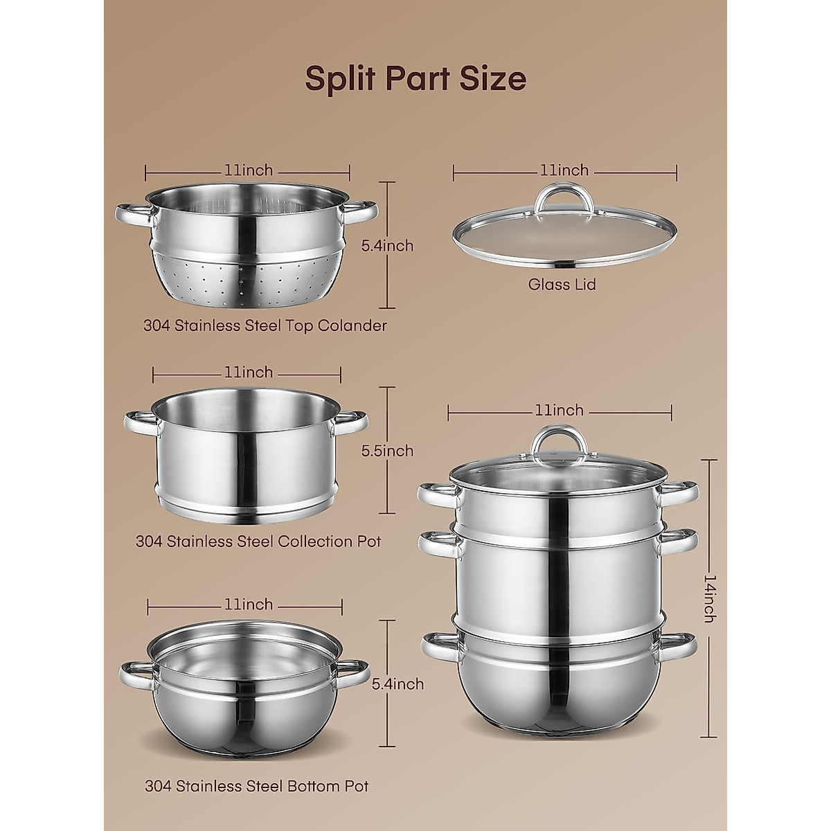 FOHERE 11Qt Steam Juicer Extractor for Canning, Juice Steamer Stainless Steel for Fruit & Vegetables with Glass Lid, Hose, Clamp, Loop Handles, Multipots Cookware for Making Juice, Jelly, Sauces