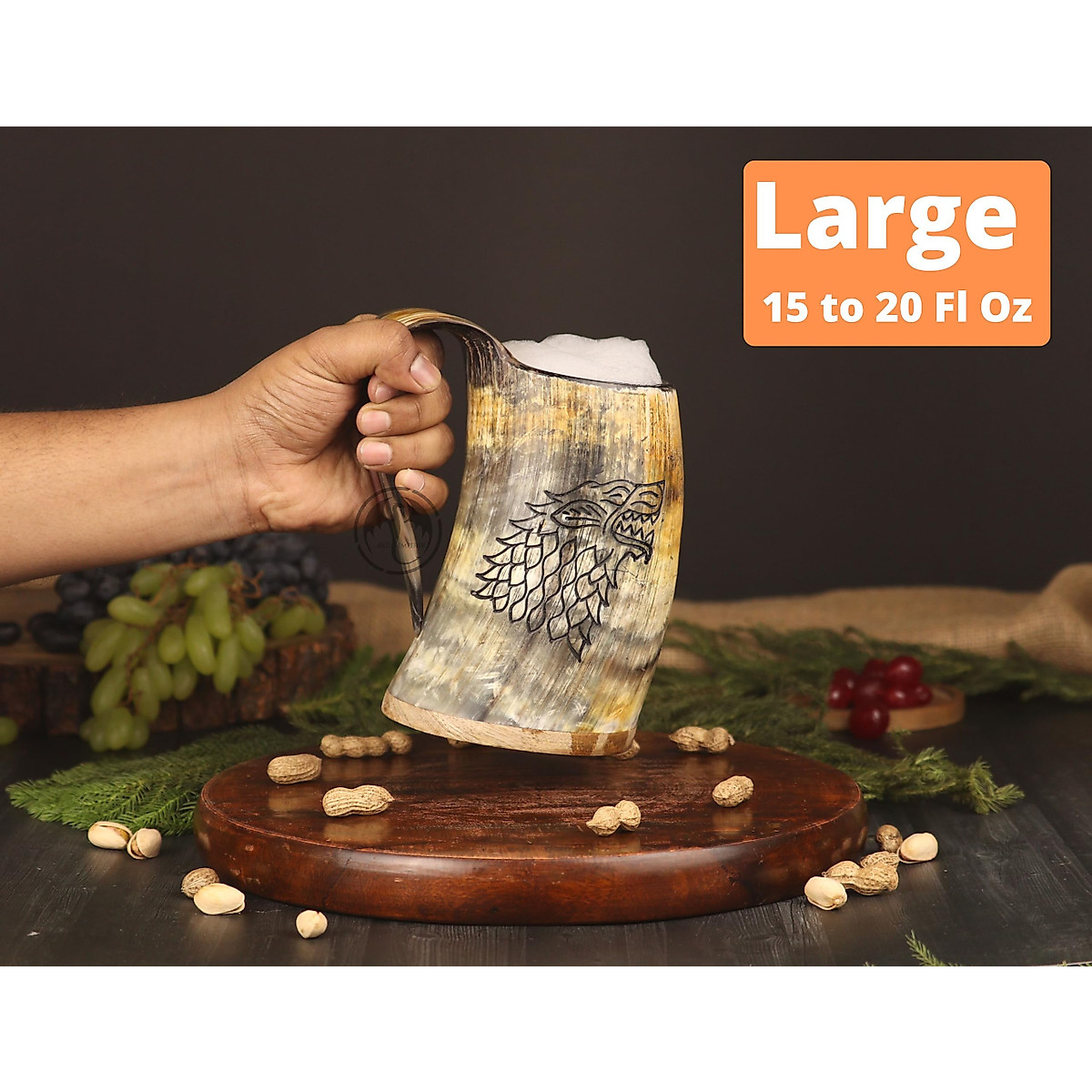 OLDEMPEROR Viking Drinking Horn Mug, 15-20oz| Shot Glass and Bottle Opener| Unique Handmade Viking Spacial Gifts for Men and Women - Food Grade Medieval Style (Fenrir)