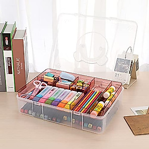 BTSKY 2-Tier Cute Bear Storage Box with Removable Divided Tray Portable Clear Plastic Art Craft Supply Organizer Stackable Home Office Supplies Storage Container for Pens Notes A4 papers etc (Pink)