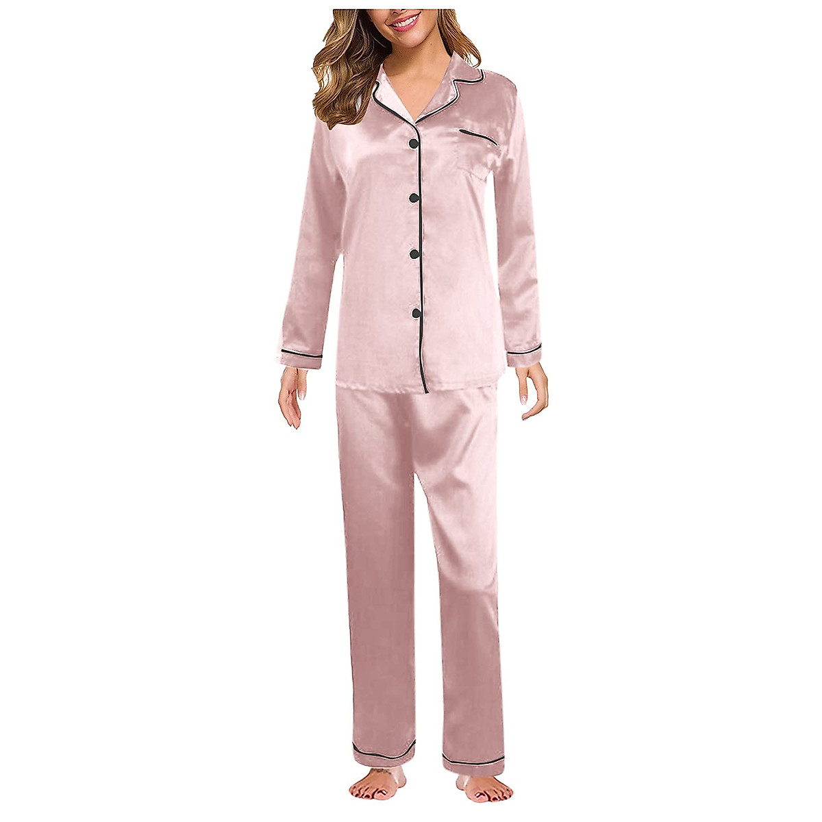 Aniywn Silk Satin Pajama Set For Women Soft Lounge Set Women's Silk Sleepwear Satin Long Sleeve Two Piece Pajama Pj Set B-pink