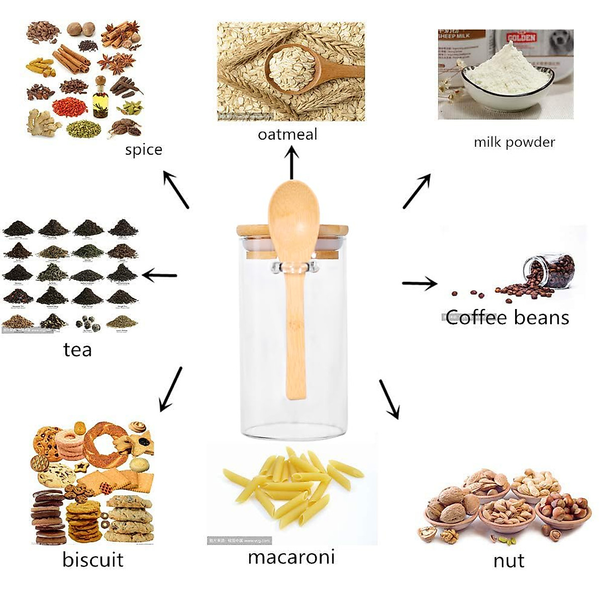 LEAVES AND TREES Y Set of 8 Glass Jars with Bamboo Lids and Spoons, 10 OZ Airtight Small Glass Tea Containers for Loose Tea, Coffee and Sugar Glass Container for Yogurt Jars with Lids