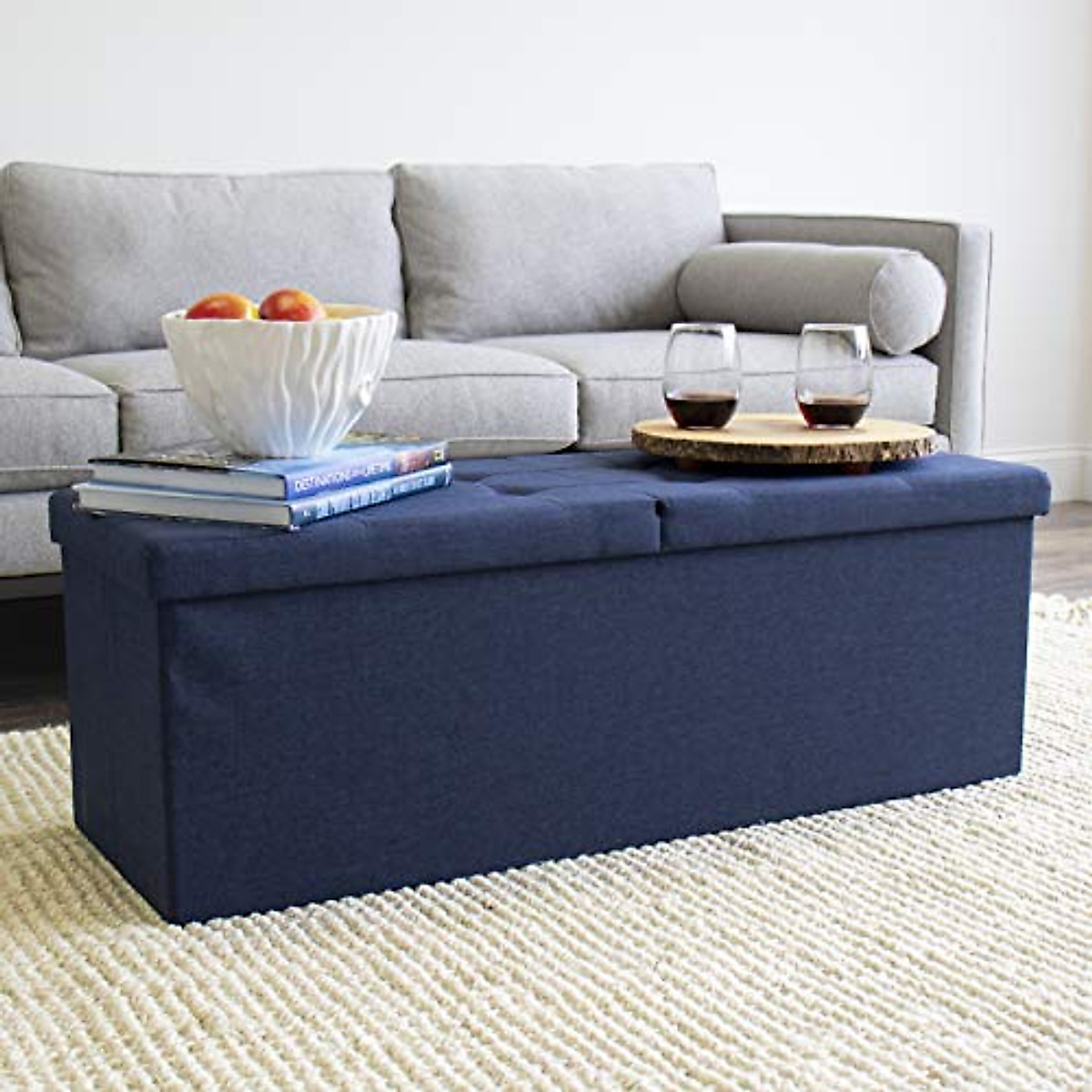 Humble Crew, Navy Folding Storage Ottoman Bench with Tufted Padded Flip Lid