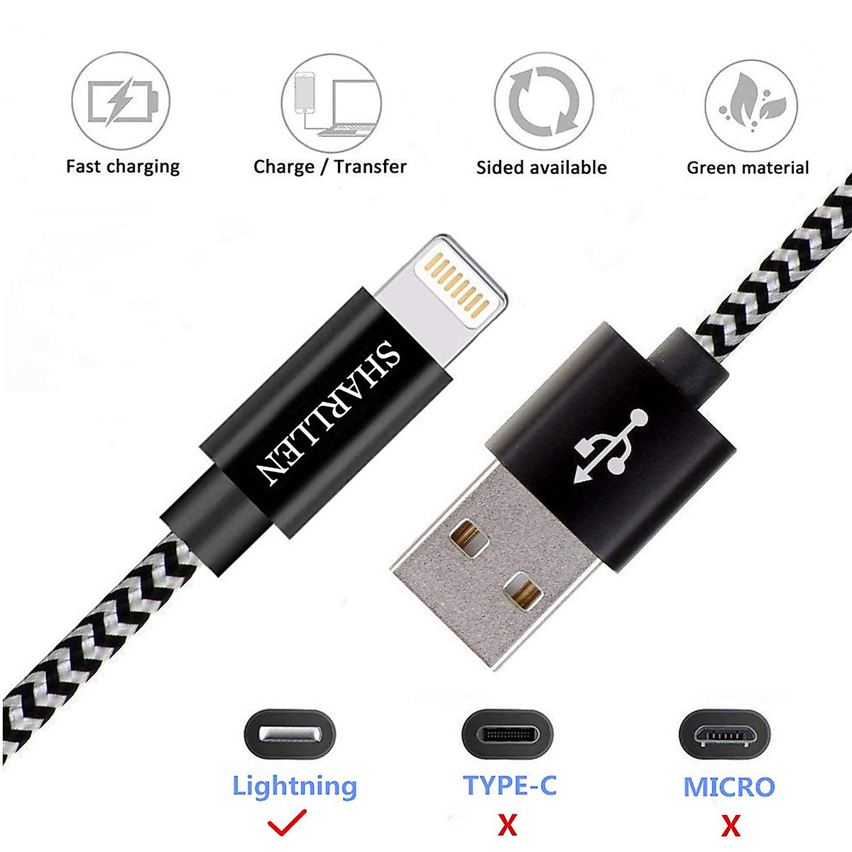 Sharllen 5 Pack 6 Feet MFi Certified Lightning Cable, Fast USB iPhone Charging Cable, Compatible with iPhone 12/11Pro/XS/Max/X/8/8P/7P/6/6P/iPad, Nylon Braided Data Wire, Black