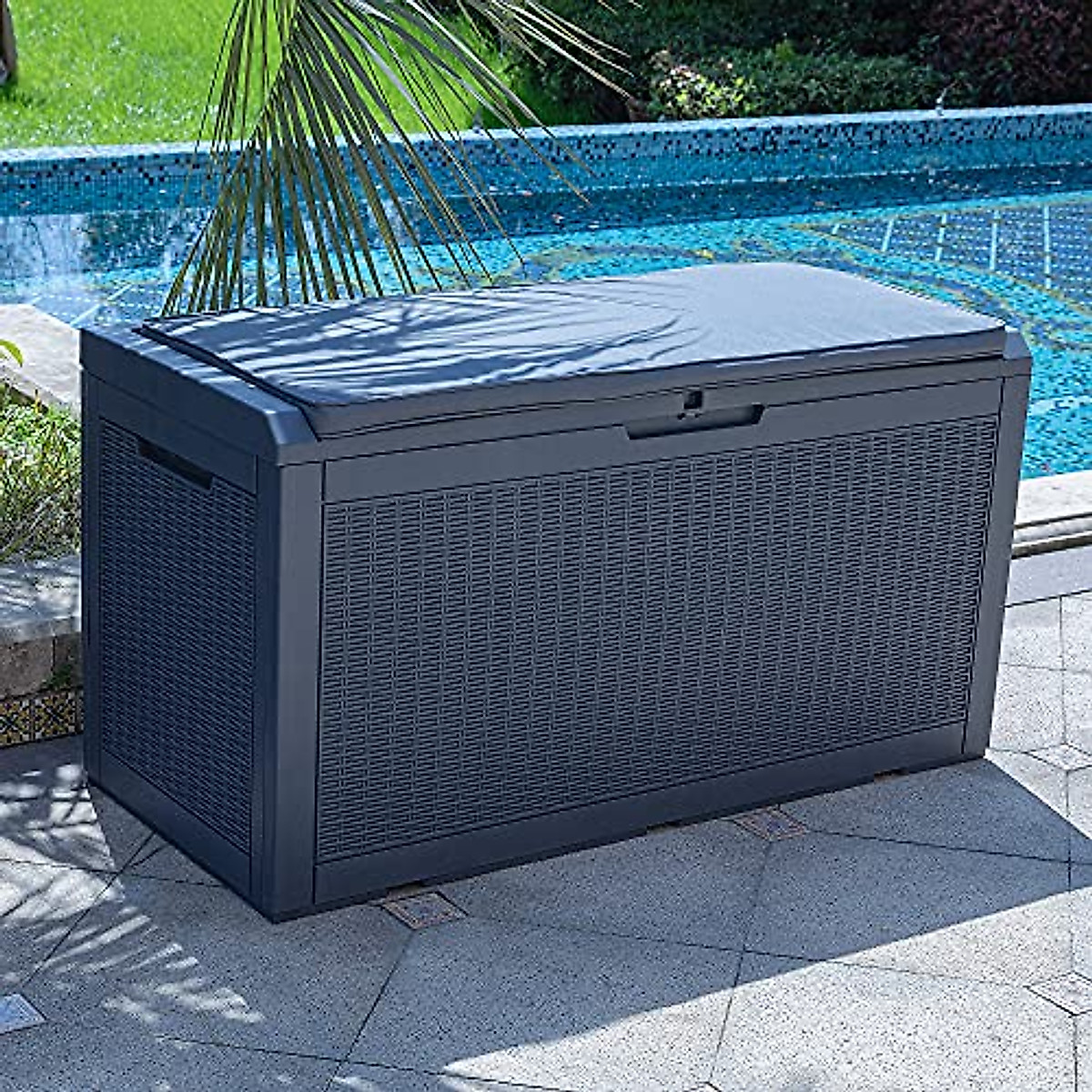 YITAHOME 100 Gallon Large Resin Deck Box Outdoor Storage with Cushion for Patio Furniture, Outdoor Cushions, Garden Tools and Pool Supplies-Waterproof,Lockable (Dark Grey)