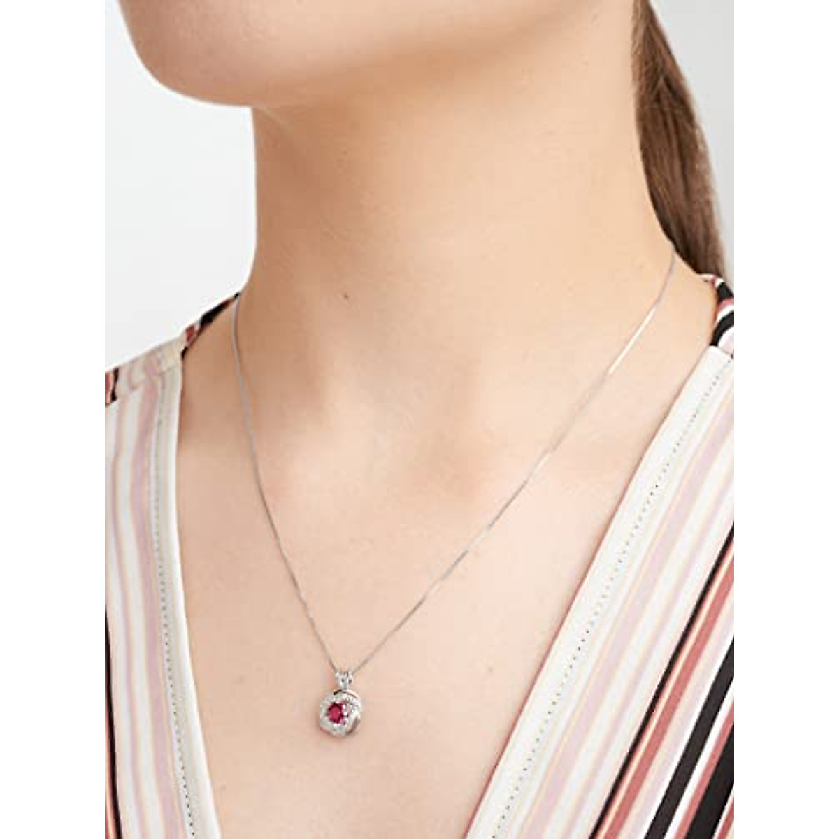 Amazon Essentials Platinum Over Sterling Silver Created Ruby and 1/10th Carat Total Weight Lab Grown Diamond Delicate Knot Necklace, 18 Inch Box Chain 2 Inch Extender (previously Amazon Collection)