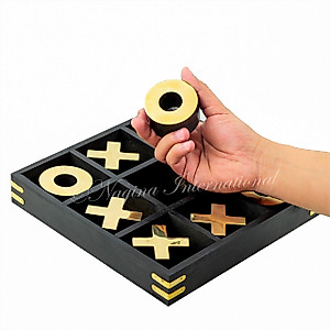 10" Large Elegant Premium Black Tic Tac Toe Board Game | Wooden Puzzle Game | Coffee Table Wooden Decor & Games | Lightweight Gold Plated Pieces