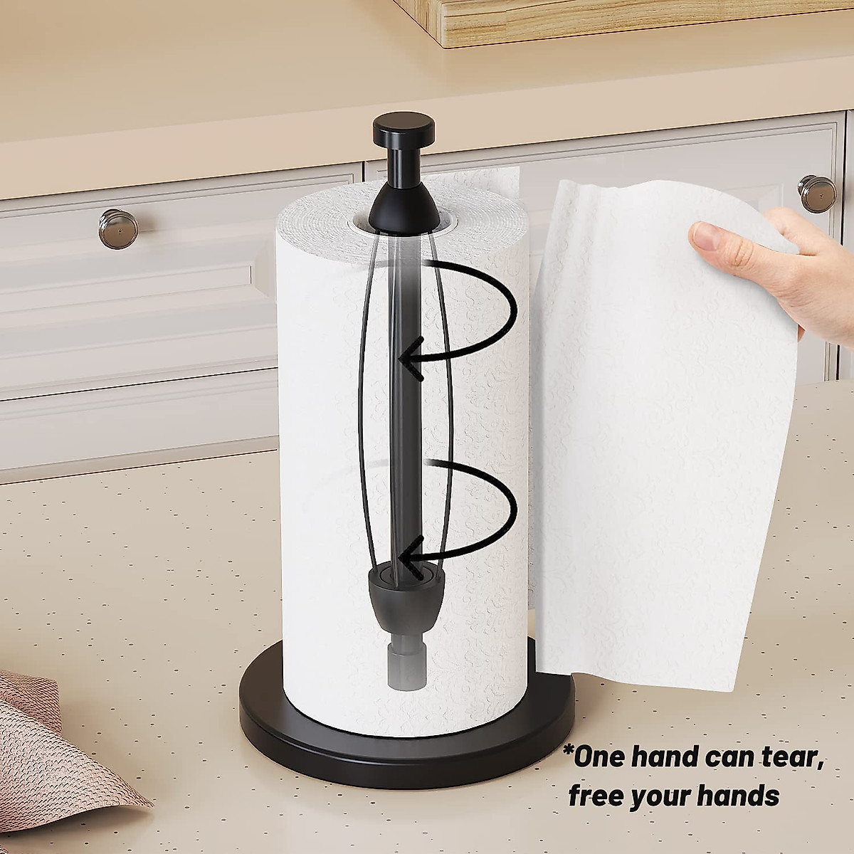 VEHHE Black Paper Towel Holder Countertop, Perfect Tear Paper Towel Holder Stand with Suction Cups, Bathroom Paper Towel Holder Made of Stainless Steel for Easy One-Handed Operation|Black
