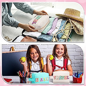 Cunno 4 Pieces Large Preppy Makeup Bag Chenille Letter Patch Makeup Bag 11x8x5 inch Nylon Cosmetic Bag Portable Zipper Face Bag Cute Girls Toiletry Bag for Women Travel (Letter Patches)