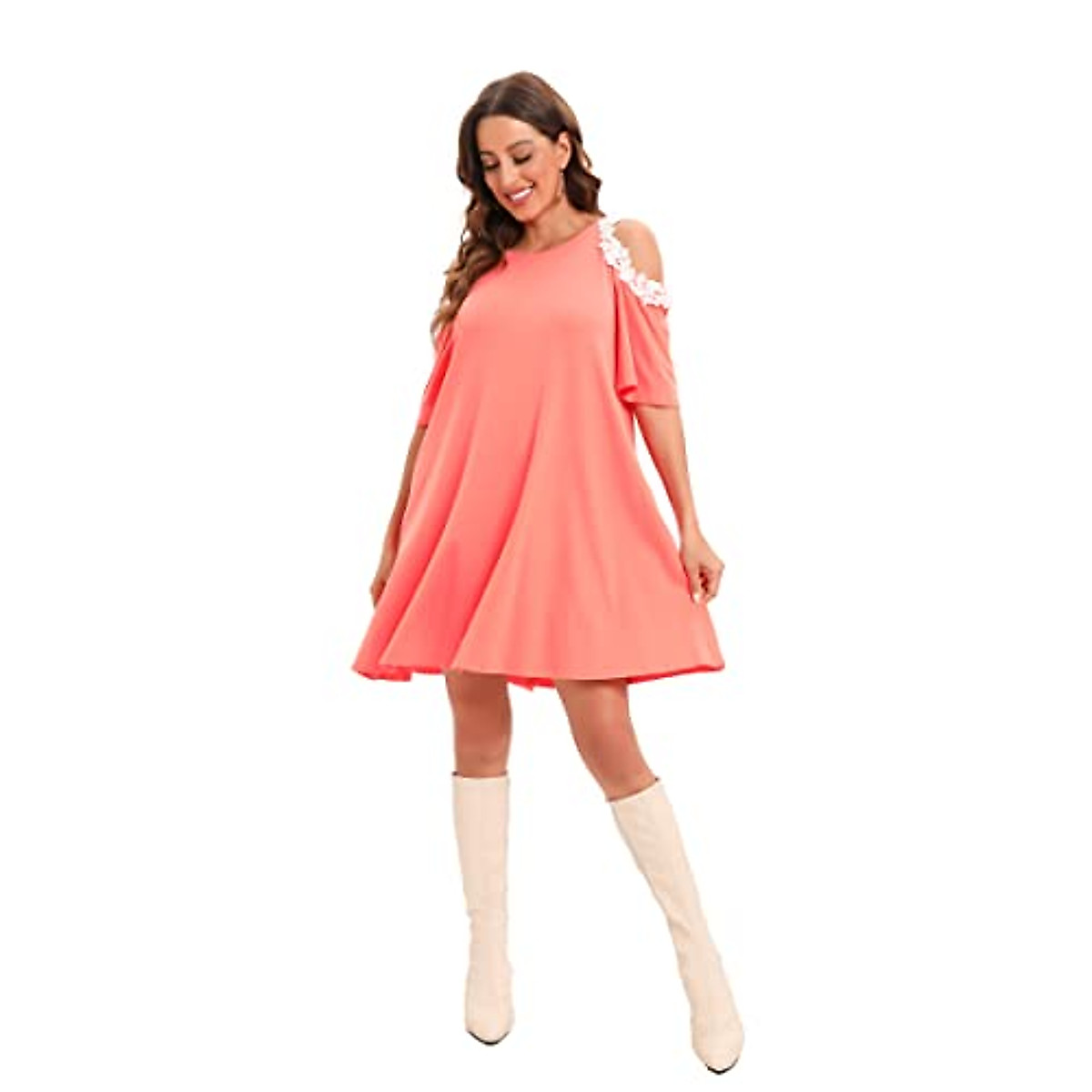 Aofur Summer Cotton Lace Dress Ladies 2023 Cold Sleeve Casual Plus Size S-XXXL Sundress Women Solid Elegant Party Dress(XX-Large,Light Red)