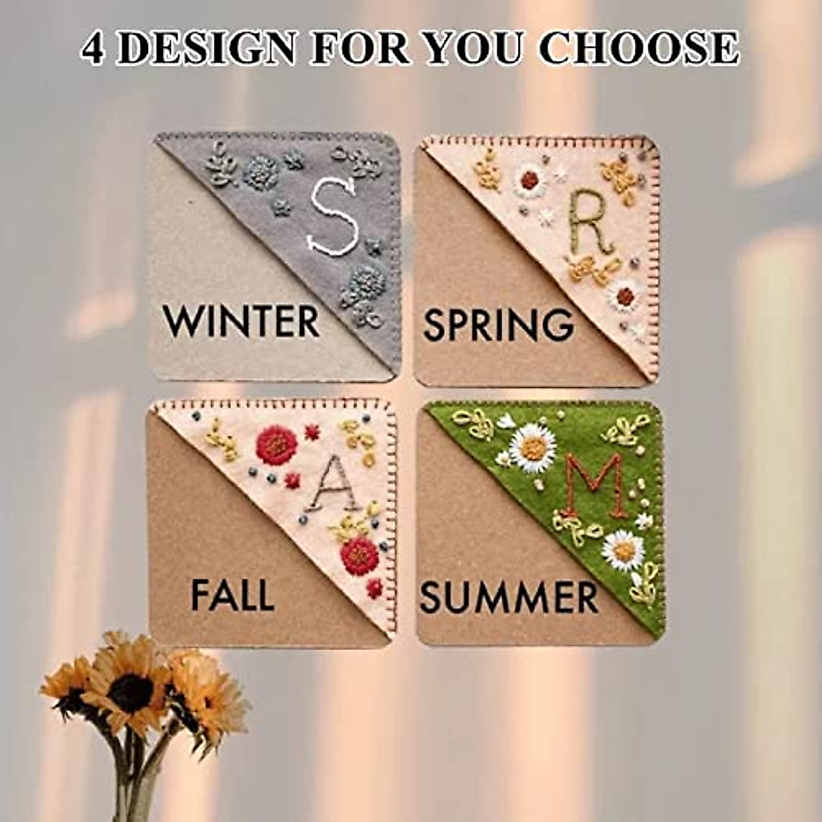 Personalized Hand Embroidered Corner Bookmark,26 Letters Hand Stitched Felt Corner Bookmarks,Flower Letter Embroidery Bookmarks for Book Lovers (Summer,R)