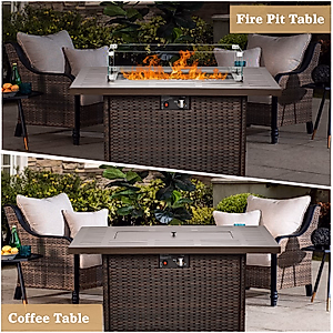 Vakollia Propane Fire Pit Table,44 Inch 55000 BTU Outdoor Gas Fire Pit Rectangular with Glass Wind Guard for Outside Patio Deck (Brown-Aluminum Top)