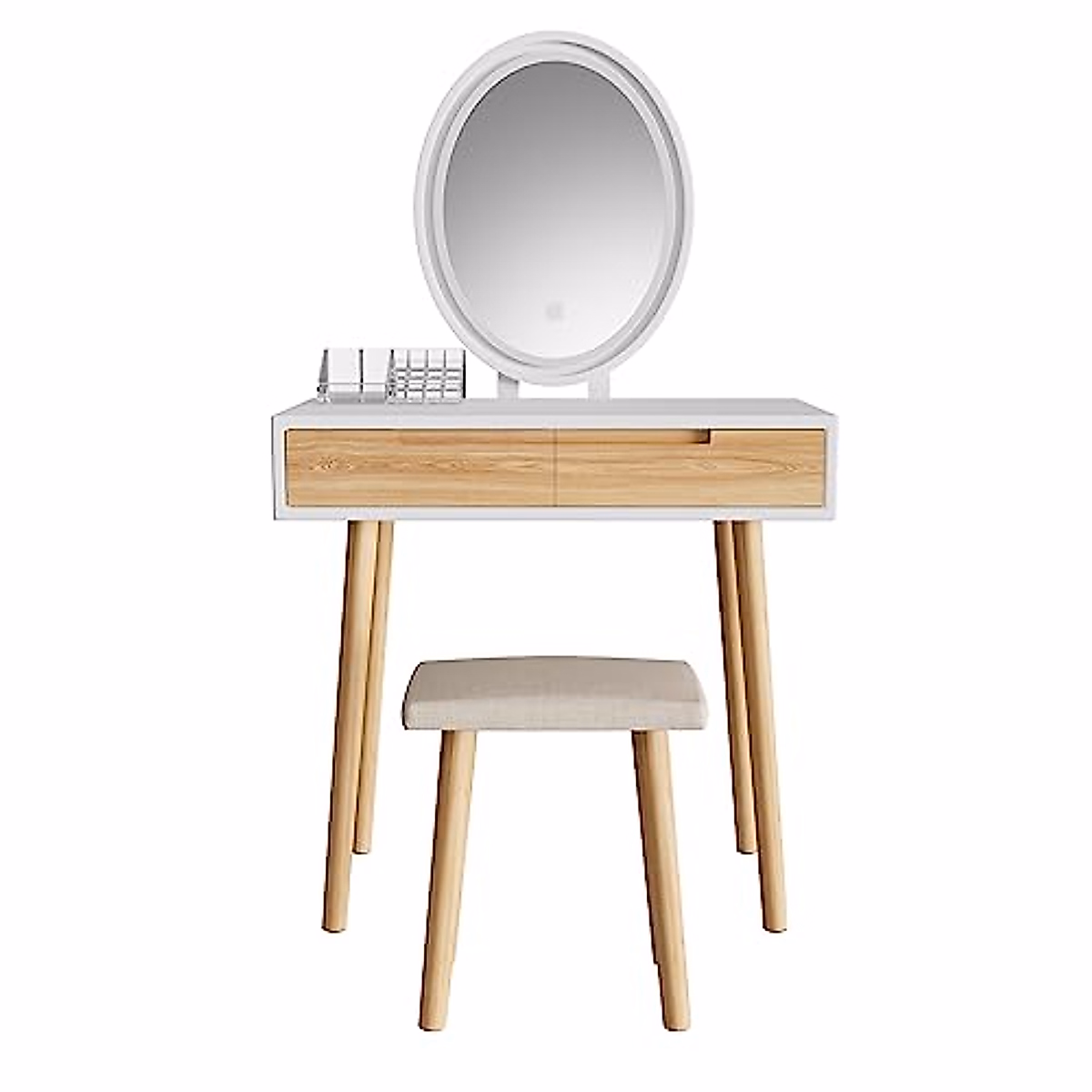 YOURLITE Makeup Vanity Desk with Lights,Small Vanity with Adjustable Brightness Mirror for Samll Spaces,Vanity Desk with Drawers (31.5", Oval Mirror Wood)