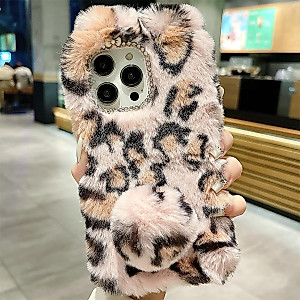 for Samsung A04/A04s Furry Case, Lucky Leopard Pattern Cute Rabbit Bunny with Soft Fluffy Ears Tail Doll Fuzzy Hair Fur Plush Phone Case Cover Women Girl