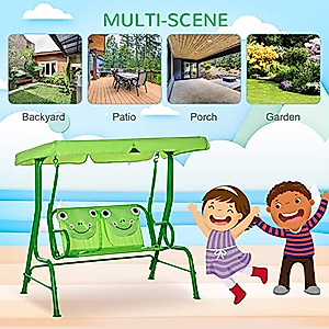Outsunny Porch Swing for Kids with Adjustable Canopy to Block Sun at Angles, Kids Swing Chair with Seatbelts, Frog Gift for Kids, Tree Bark Brown, for Ages 3-6, Green