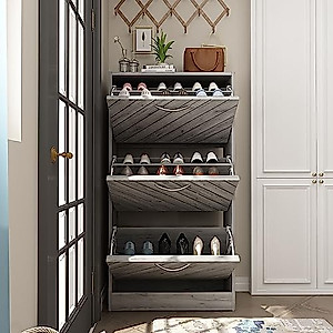 FAMAPY Modern Shoe Cabinet with 3 Flip Drawers, Freestanding Shoe Storage Cabinet, Slanted Design, Shoe Storage Organizer for Hallway Entryway Grey (22.4”W x 9.4”D x 42.3”H)