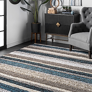 nuLOOM Drey Striped Shag Area Rug - 2x6 Runner Shag Rug Casual Blue Multi/Brown Rugs for Living Room Bedroom Dining Room Nursery Entryway Hallway
