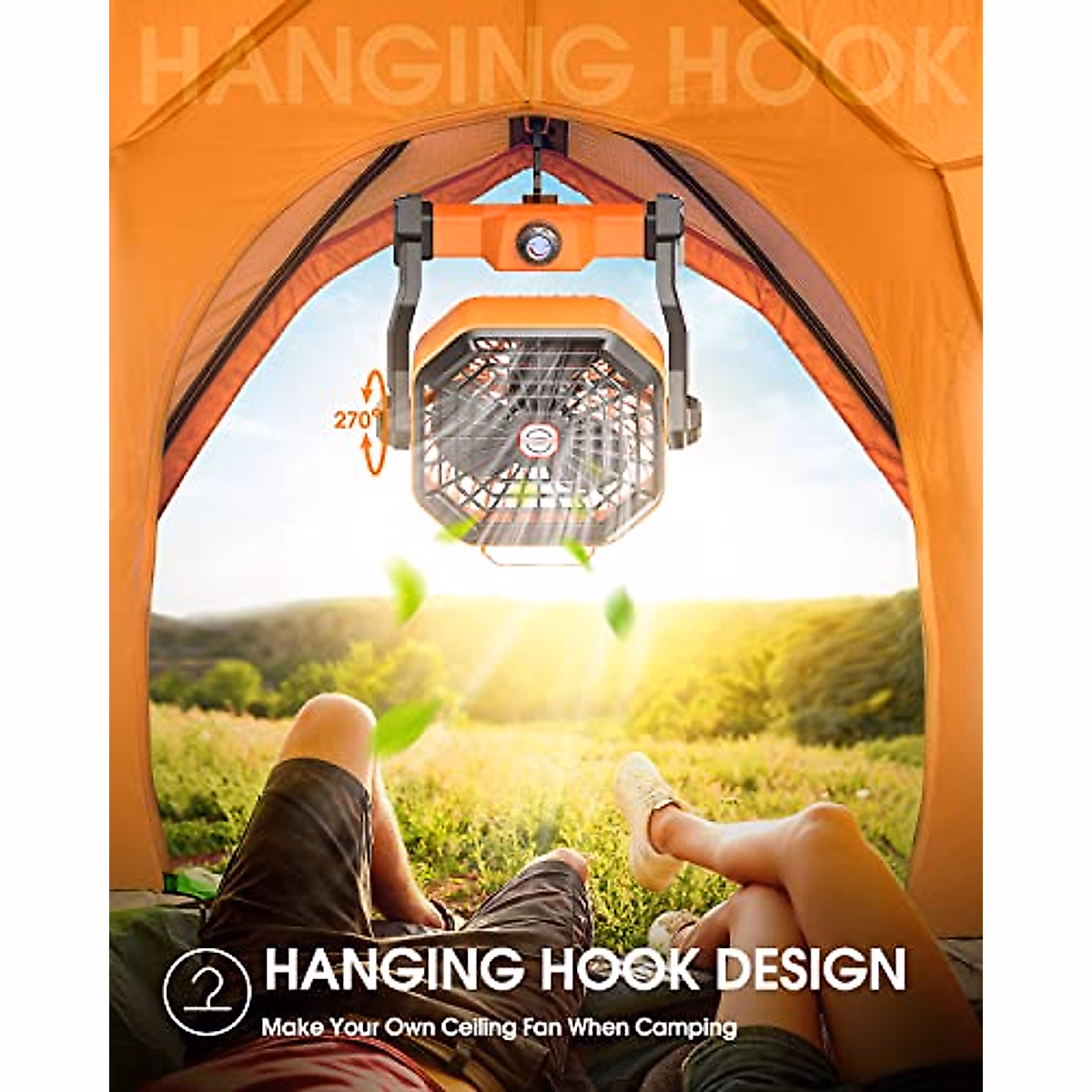 Drchop Portable Fan Rechargeable, 10400mAh Battery Operated Powered Fan, Outdoor Camping Fan with Light & Hook, Personal USB Desk Fan, for Bedroom, Table, Home, Office, Tent, Travel (Classic Orange)