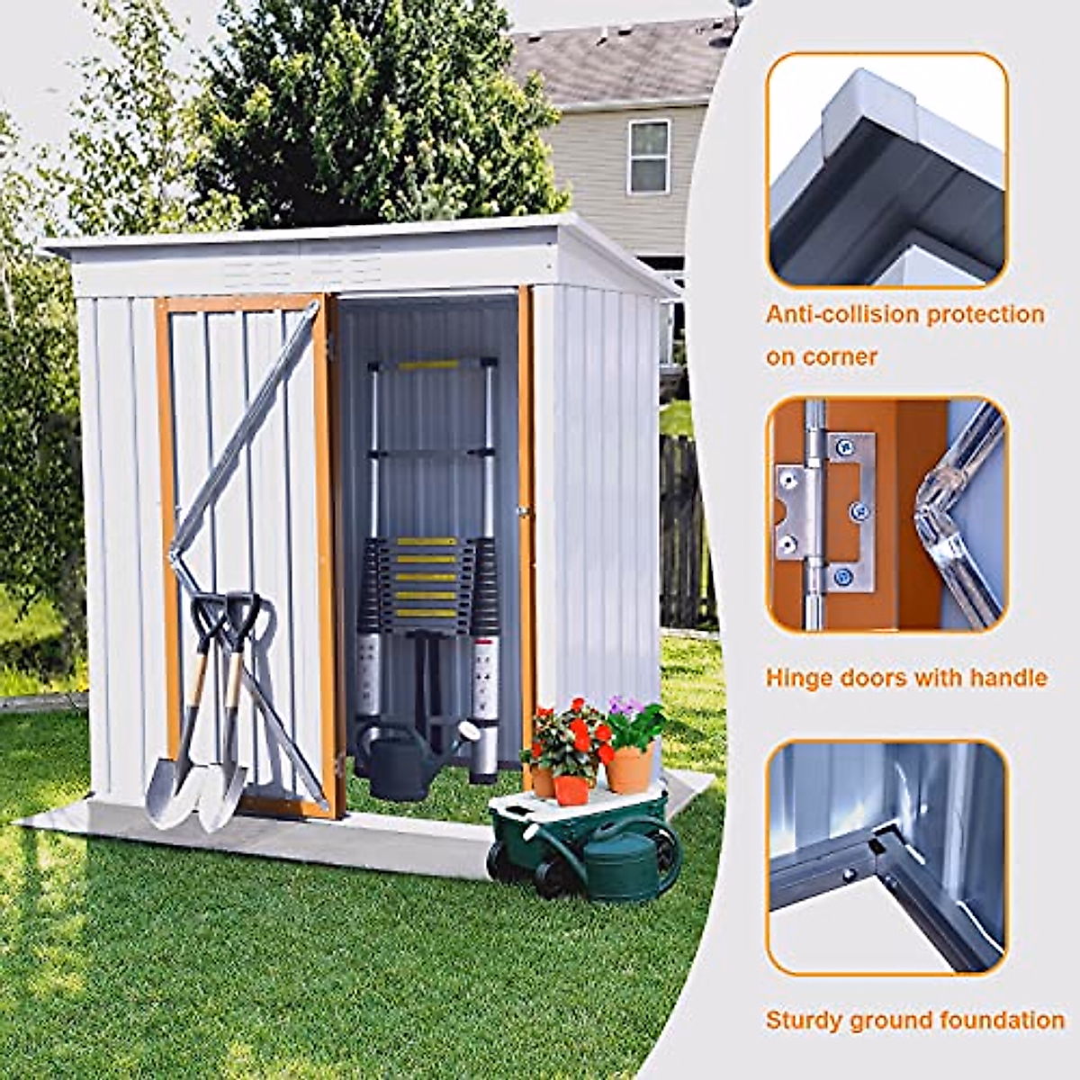 MOEO 5' x 3' Outdoor Metal Storage Shed, Galvanized Metal Shed with Lockable Doors, Tool Storage Shed for Backyard, Patio, Lawn, Garden, Trash Cans, White