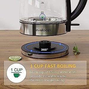 Evoloop Electric Tea Kettle 1.7L Hot Water Boiler, 1500W Glass Water Kettle with Auto Shut-Off & Boil Dry Protection, BPA Free, Cordless Base & LED Indicator