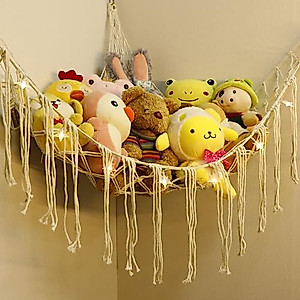 YELIENM Boho Stuffed Animals Net or Hammock with LED Light, 55 inch Toy Hammock Macrame Stuffed Animal Storage Corner Hanging Net Holder,Mesh Hammock Plush Toy Organizer for Bedroom Nursery
