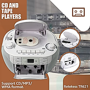 Retekess TR621 CD and Cassette Player Combo, Portable Boombox AM FM Radio, MP3 Player Stereo Sound with Remote Control, USB, TF Port, for Family(White)