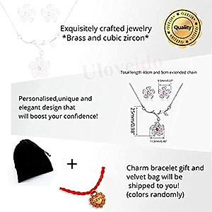 Uloveido Pink Cherry Flower Jewelry Set for Women - White Gold Plated Necklace and Earrings Set with Cubic Zirconia for Girls DT340