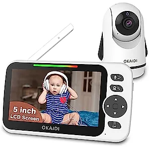 OKAIDI Video Baby Monitor with Camera and Audio, 5" Display Baby Monitor No WiFi, 30H Battery and 1000ft Range Baby Monitor, Remote Pan-Tilt-Zoom Baby Camera, Night Vision, 2-Way Talk, VOX,Temperature