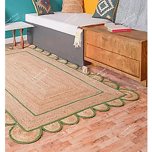 Jaipur Weaver Group Natural Jute Scalloped Area Rug Scallop Braided Boho Rugs Handwoven Bohemian Rug for Farmhouse & Home Decor (Green-4'x6'), BD2-GRN-4'x6'