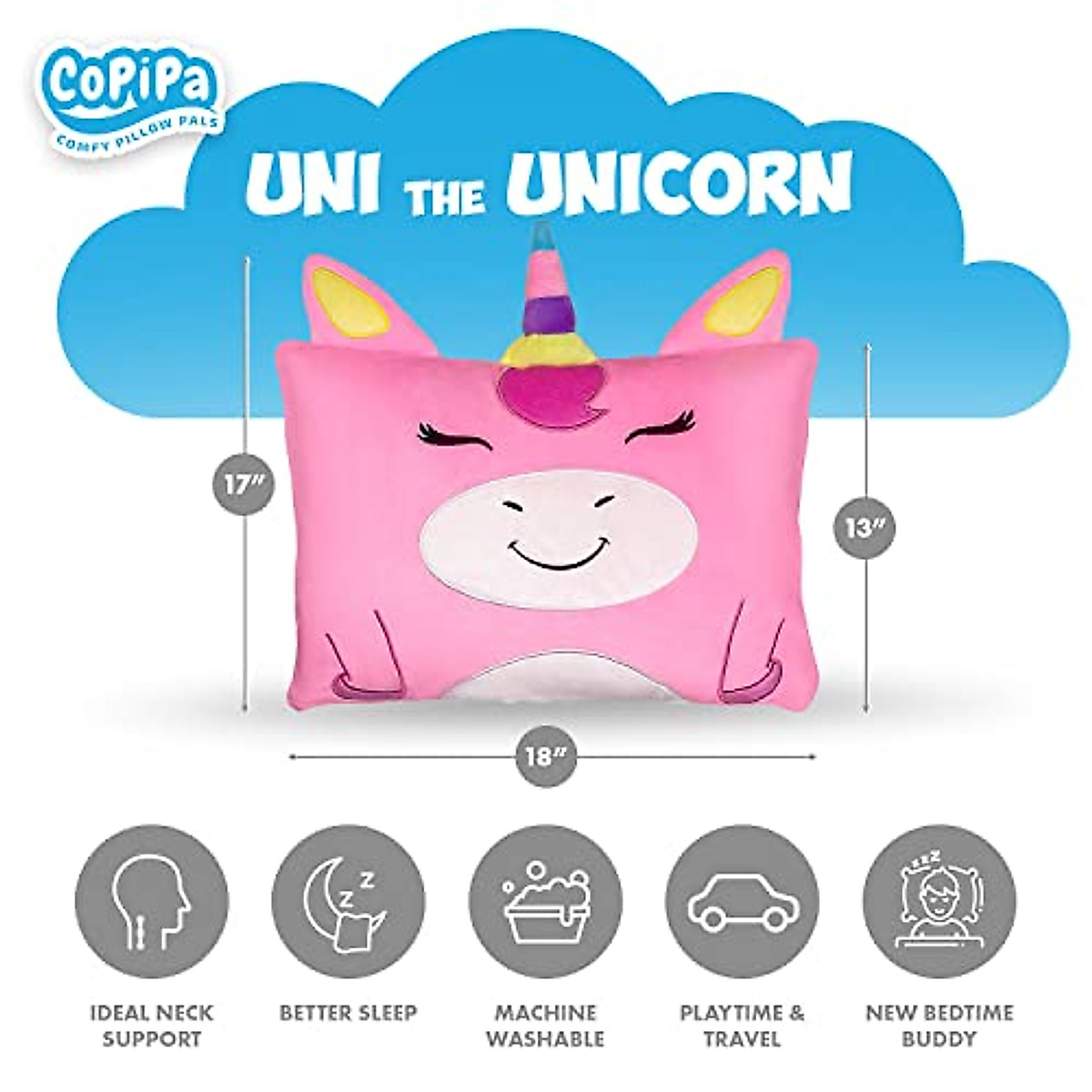 CoPiPa Plush Pillow & Pillowcase for Sleeping, 18" x 13" Kids Super Soft Decorative Unicorn Stuffed Animal Bed Pillow, Bedding Plush Gift for Toddlers, Boys & Girls (Mom’s Choice Award Gold Winner)