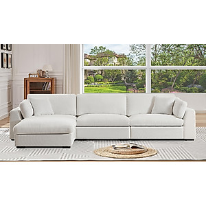 Sectional Sofa Deep Couch with Chaise Modular Sectional Couch with Extra Large Ottoman Corduroy Sectioanl Sofa Sleeper Couch for Living Room Apartment (White, 3 Seater with Ottoman)