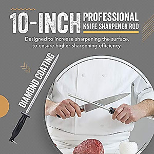 Top Chef’s 10' Knife Rod + Knife Guard Honing Steel Complete Kit | Professional Carbon Steel Honing Rod & Luxury Carry Bag – Universal Honing Rod / Stick for Kitchen, Butcher, Chef Knives and More(10)