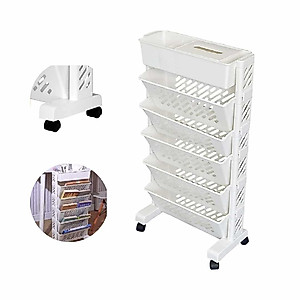 Multifunctional Storage for Books, White Rotating Shelf with 6 Levels, Plastic Bookcase on Wheels!
