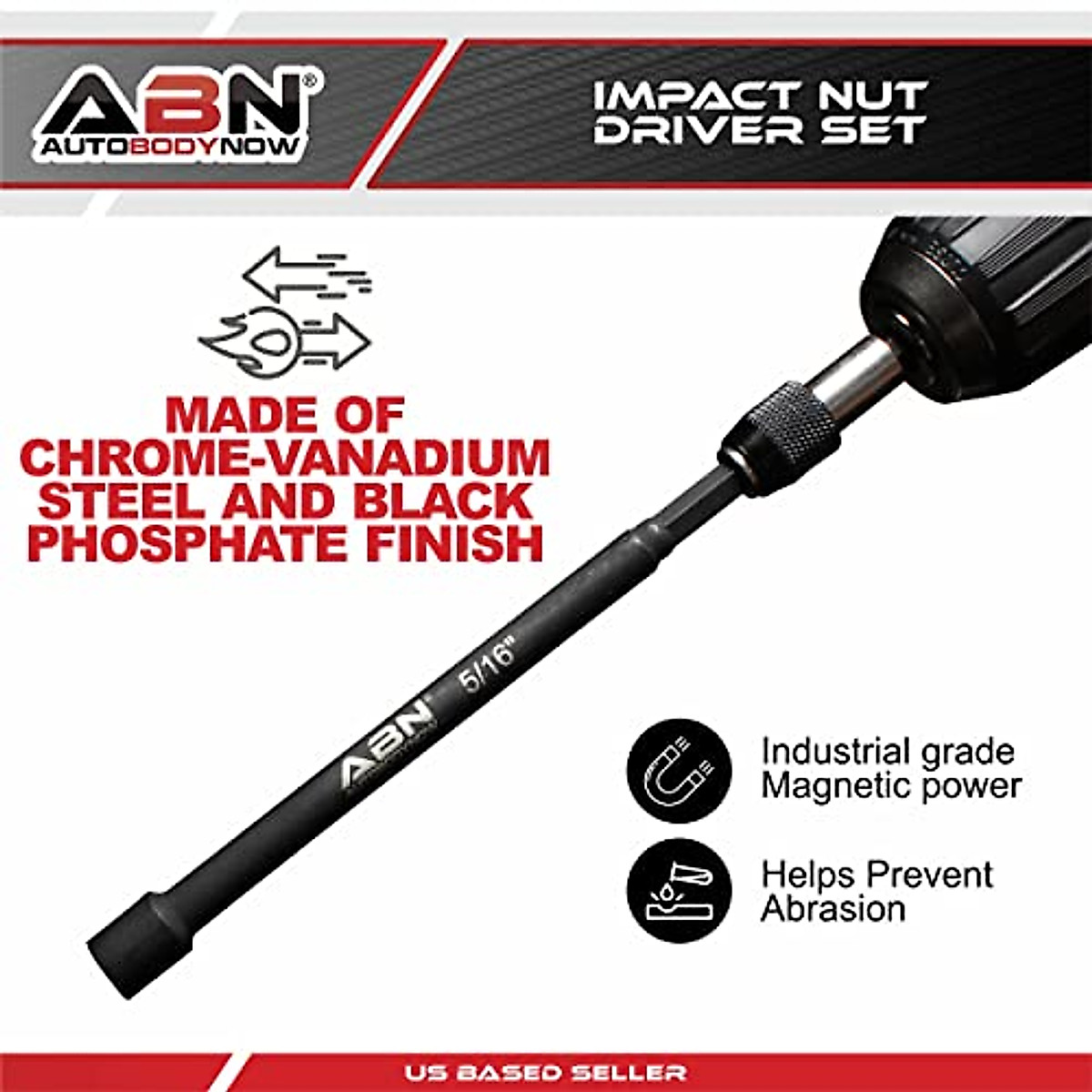 ABN Impact Nut Driver Tool Set - 6pc SAE 6 IN Long Shank Nut Driver Bits Magnetic Tip Sockets, 1/4 IN Hex Shank