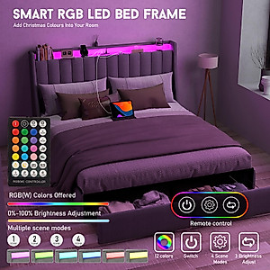 Anyhave Queen Bed Frame with 2 Storage Drawers and Luxury Wingback Upholstered Button Tufted Storage Headboard,Charging Station,Storage Headboard & LED Lights,Remote Control/Noise-Free-Dark Gray